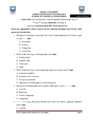 Solid AND Hazardous Waste Management Final EXAM 2023 - JIMMA UNIVERSITY ...