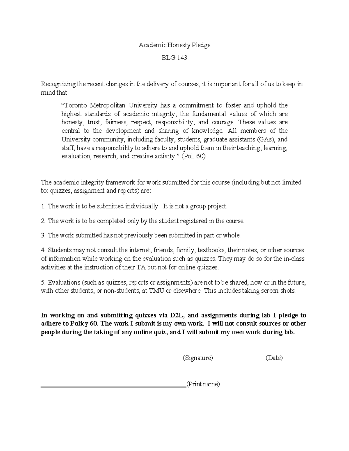 Honesty Pledge BLG 143 - Academic Honesty Pledge BLG 143 Recognizing ...