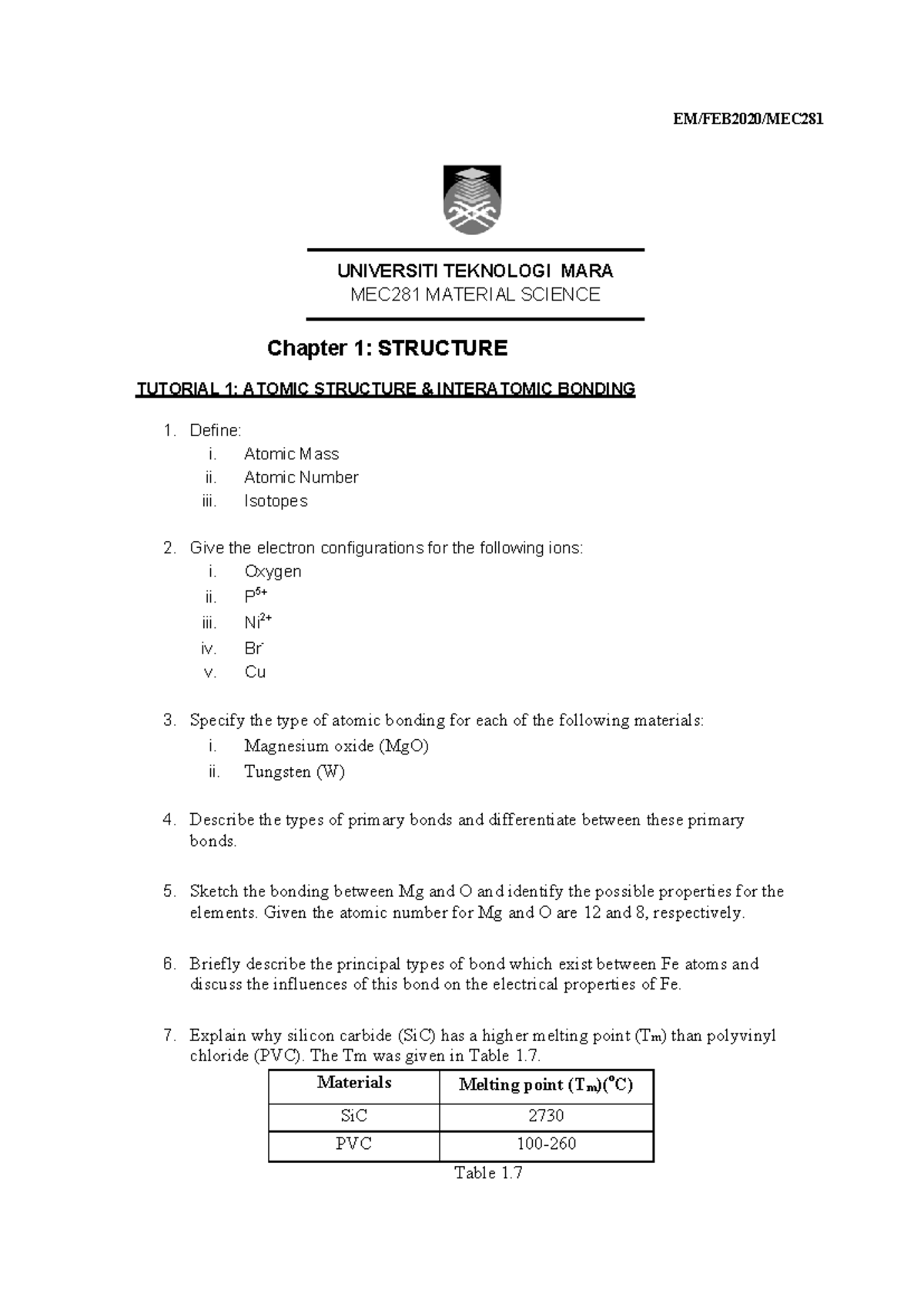 Tutorial - TOTURIAL MEC281 - UNIVERSITI TEKNOLOGI MARA MEC281 MATERIAL ...