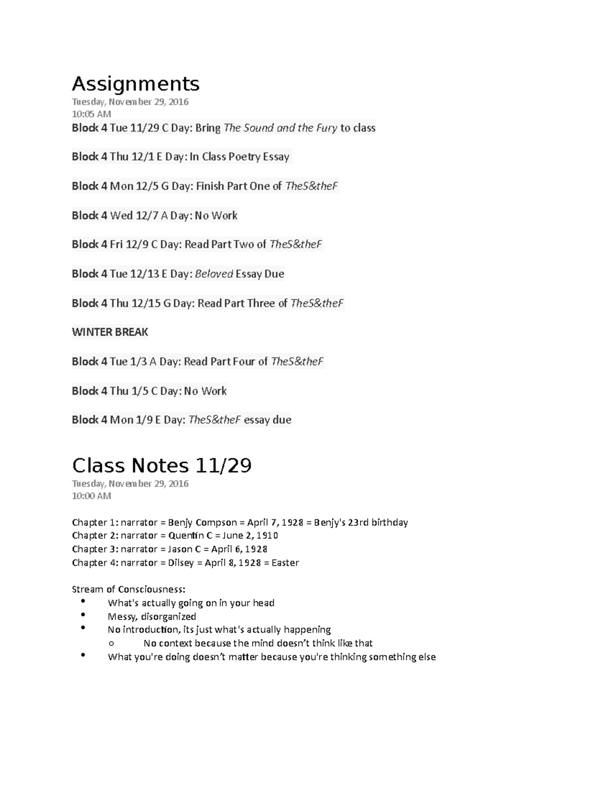 AP lit notes - Assignments Tuesday, November 29, 2016 10:05 AM Block 4 ...