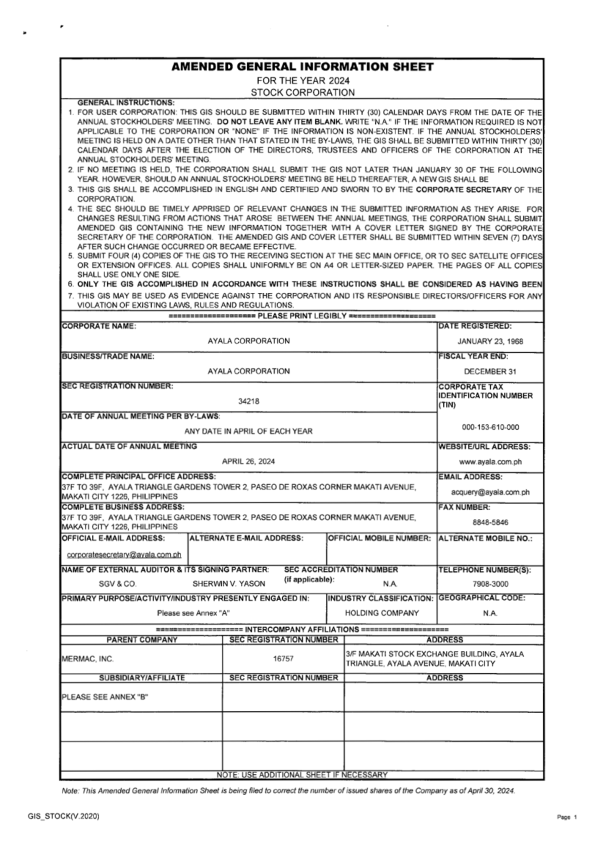 Amended 2024 Gener a l Inform a tion Sheet - AMENDED GENERAL ...
