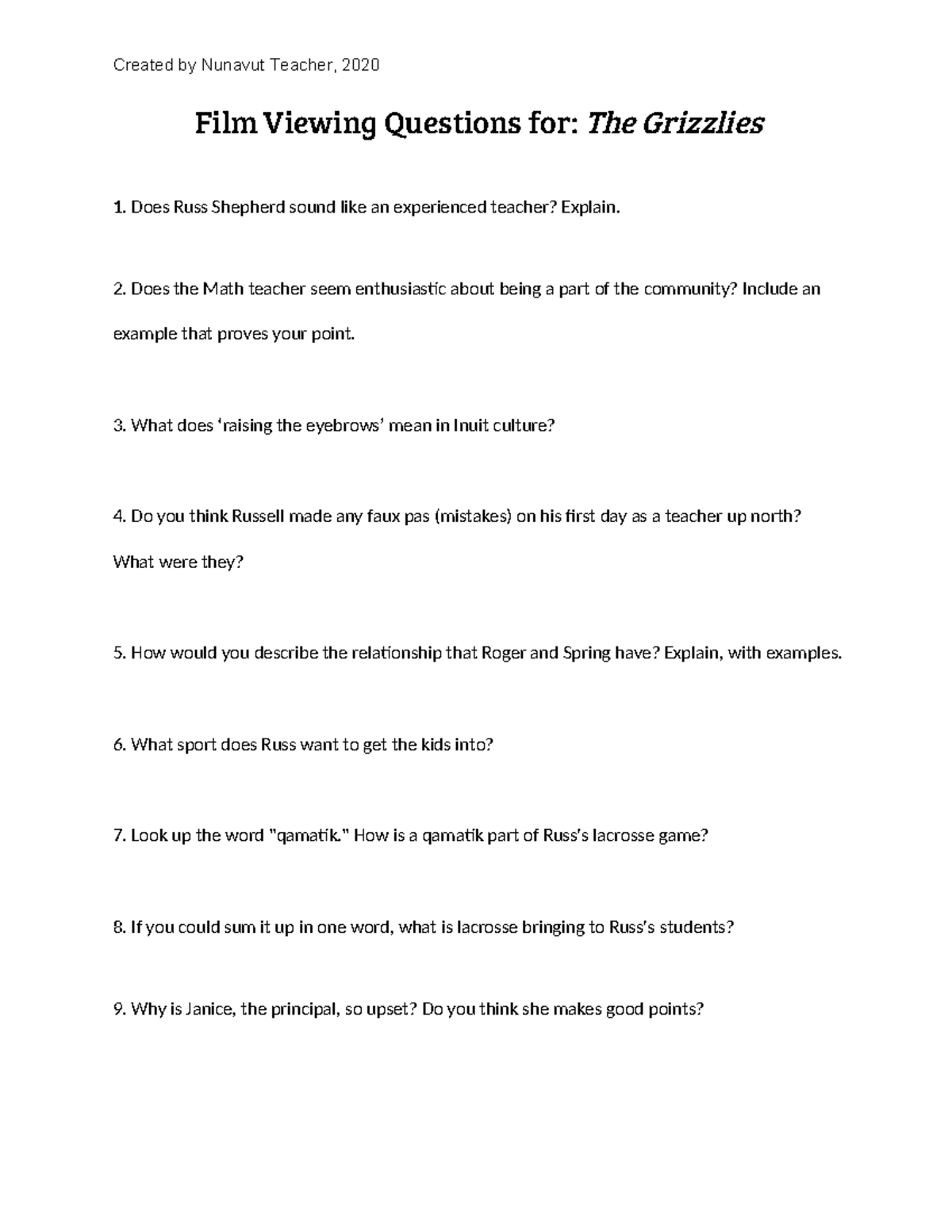Homework Answers - Created by Nunavut Teacher, 2020 Film Viewing ...