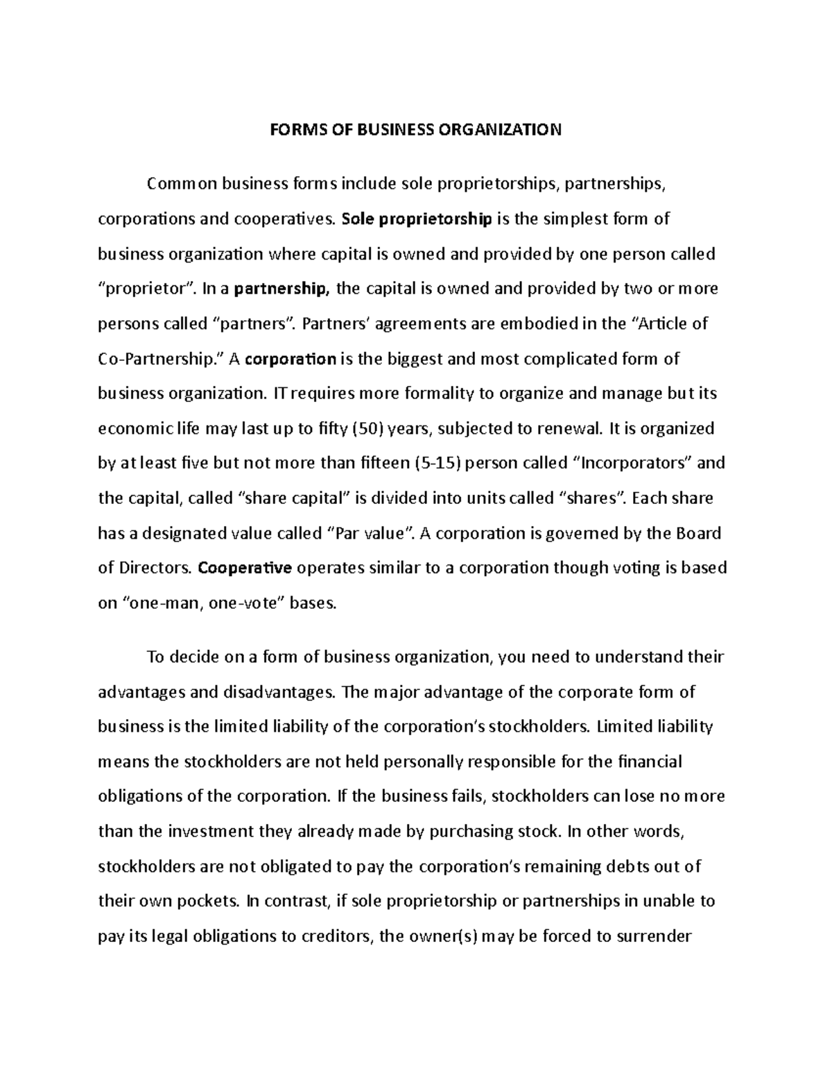 Forms OF Business Organization - FORMS OF BUSINESS ORGANIZATION Common ...