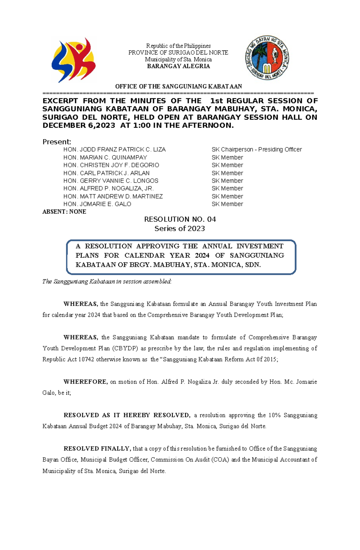 6. SK Resolution NO. 06 - AIP for edit - Republic of the Philippines ...