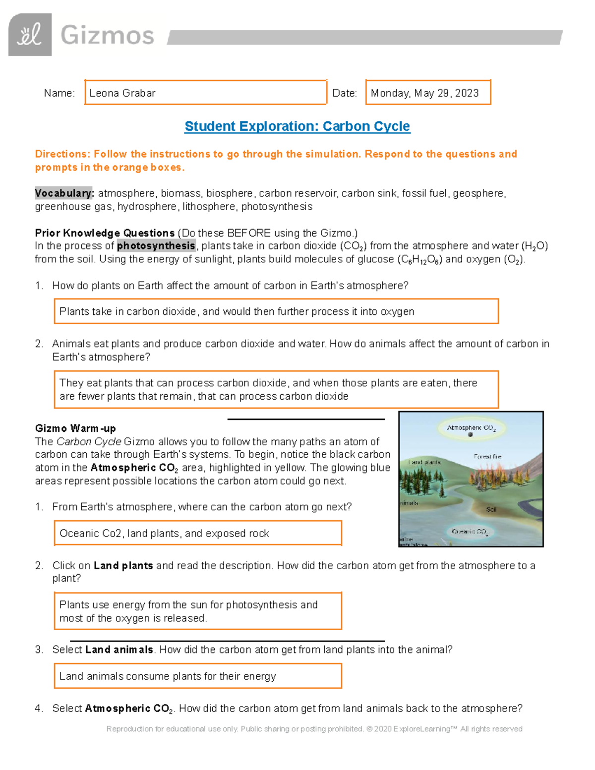 Copy of Carbon Cycle SE - N/A - Name: Leona Grabar Date: Monday, May 29 ...