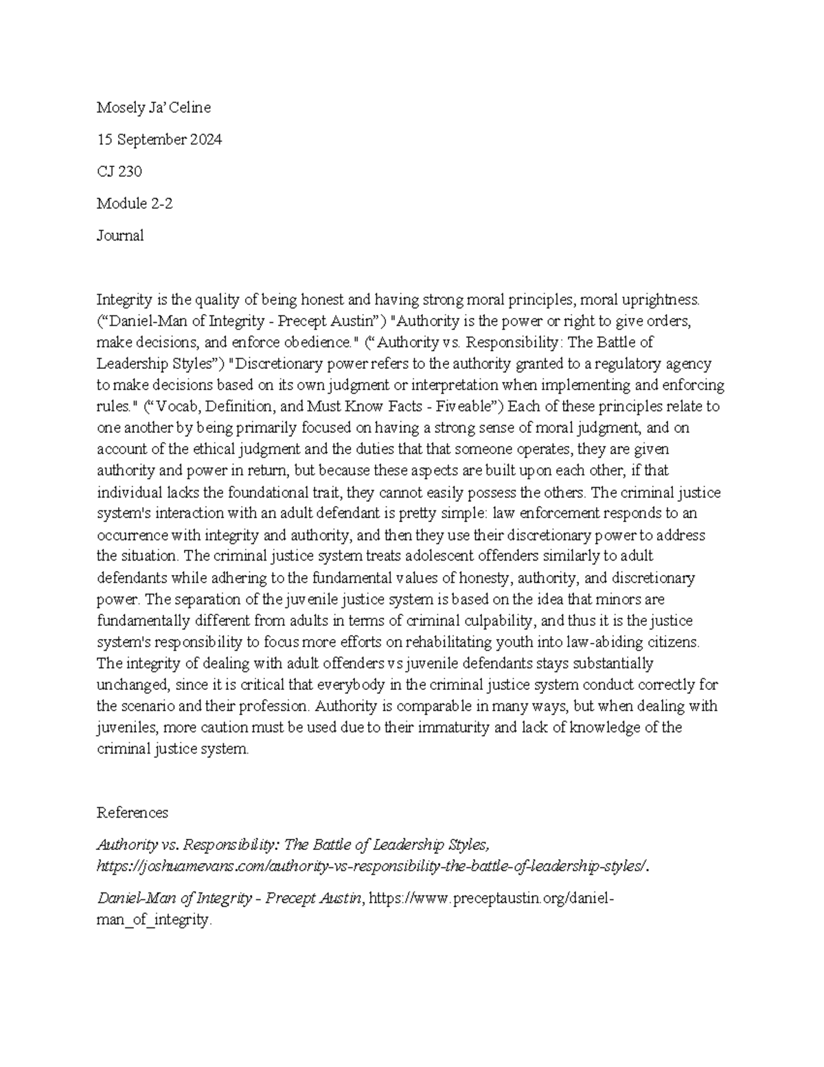 CJ 230 Module 2 assignment - Mosely Ja’Celine 15 September 2024 CJ 230 ...