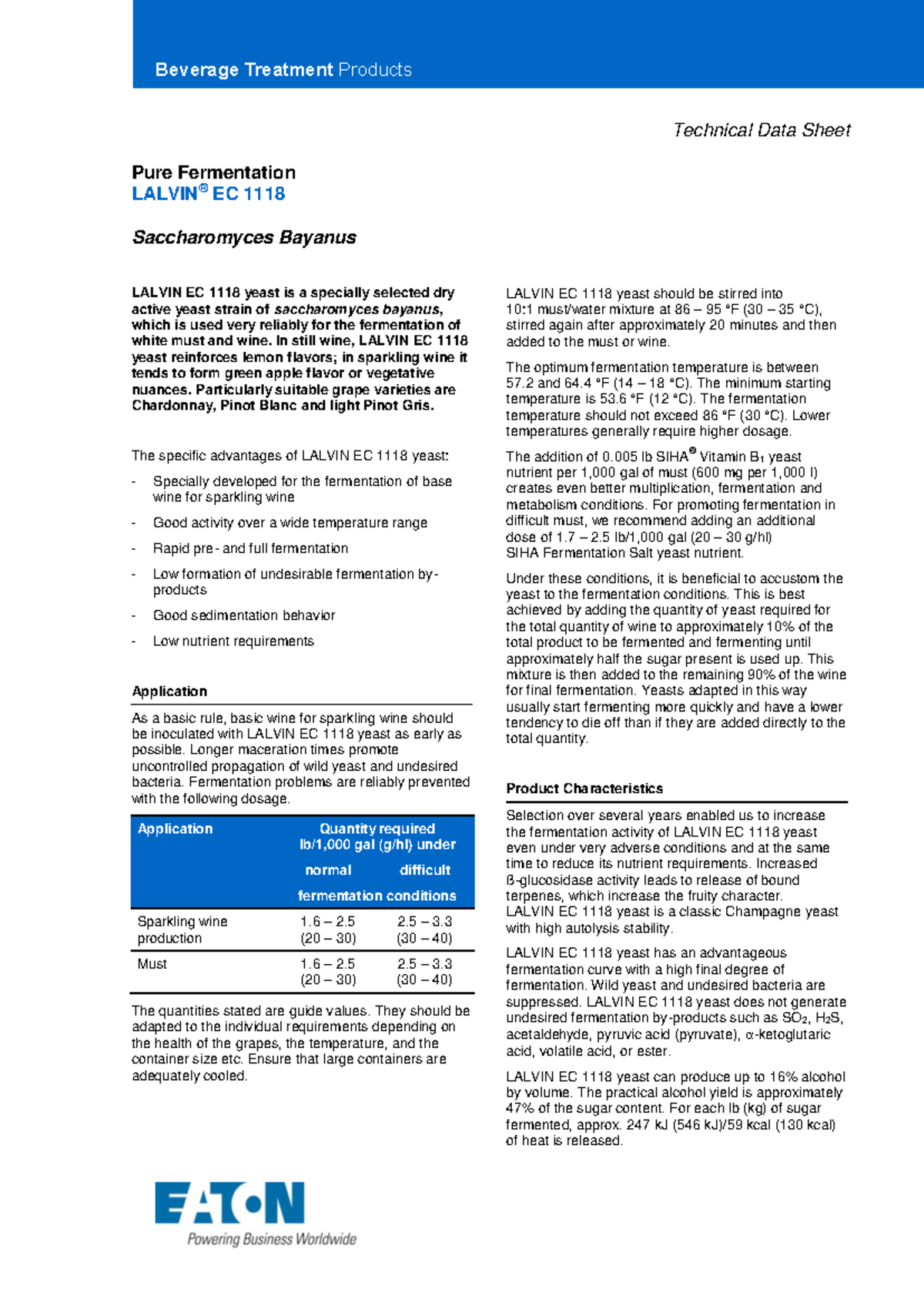 Eaton lalvin ec 1118 technical data sheet en - Beverage Treatment ...