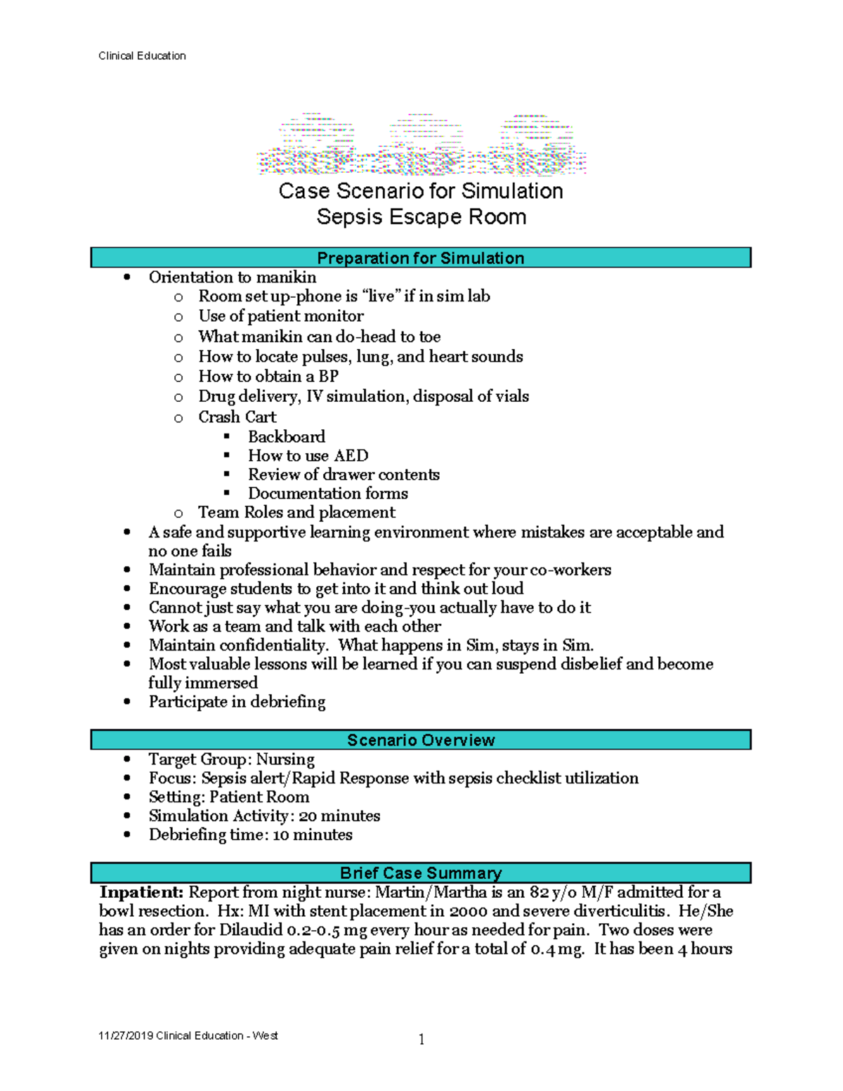 Sepsis Medical Simulation Escape Room by Essentia - Case Scenario for ...