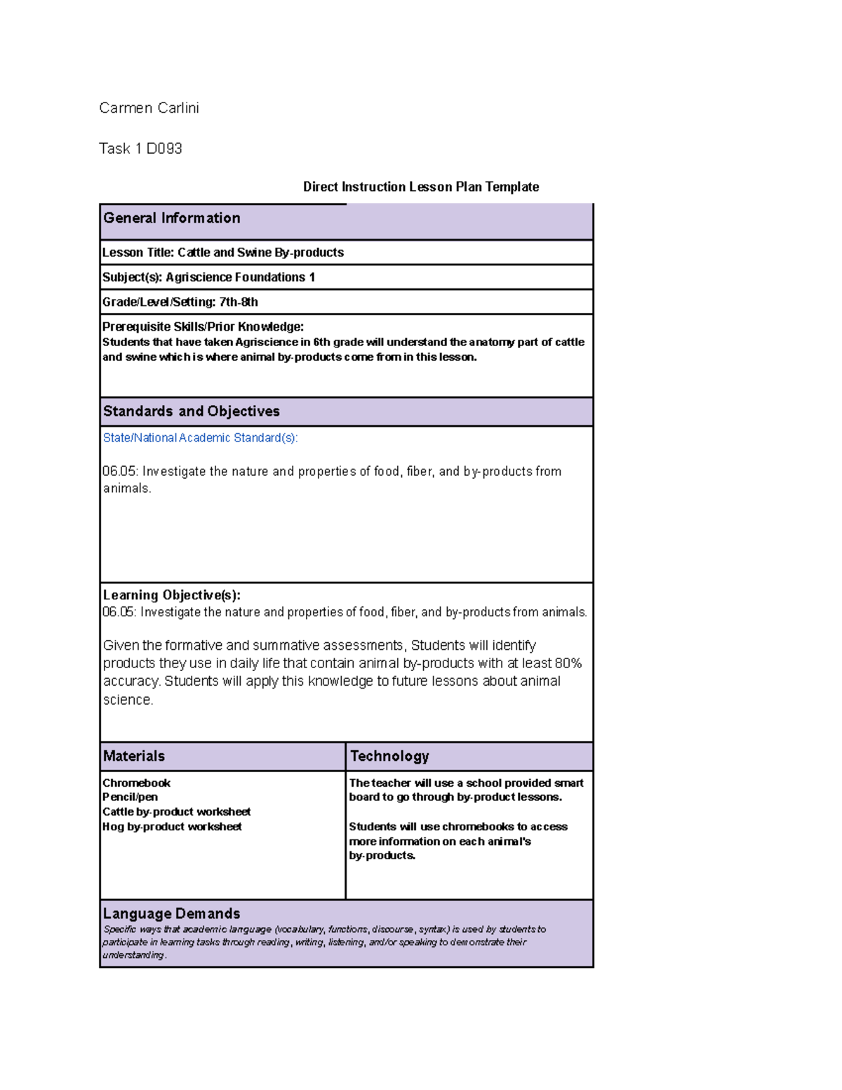 D093 Task 1-4 - Task 1 - Carmen Carlini Task 1 D Direct Instruction Lesson Plan Template General ...