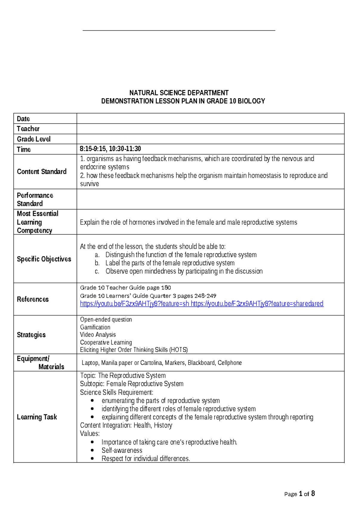 female reproductive system detailed lesson plan - NATURAL SCIENCE ...