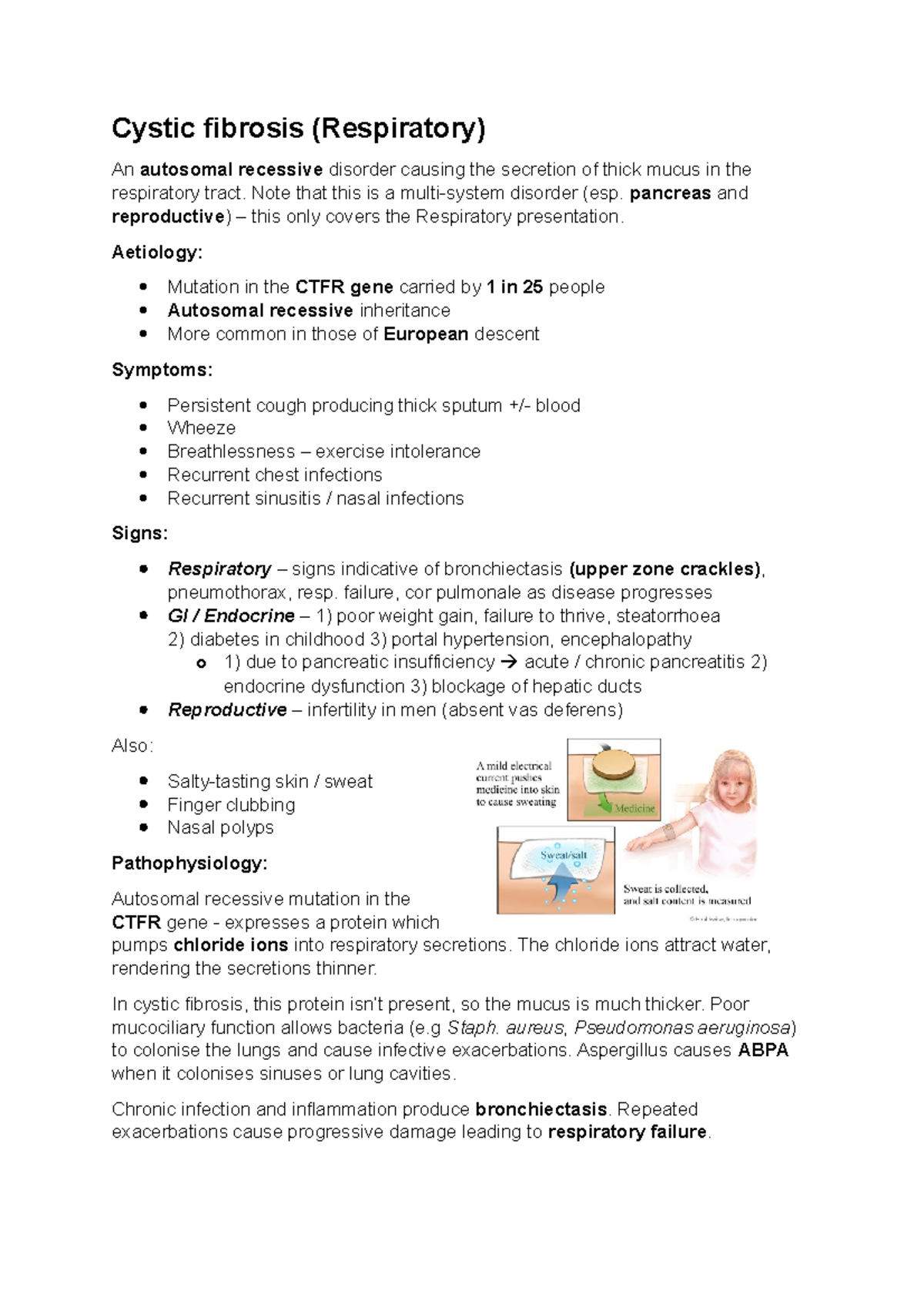 Disease summary: Cystic fibrosis - Cystic fibrosis (Respiratory) An ...