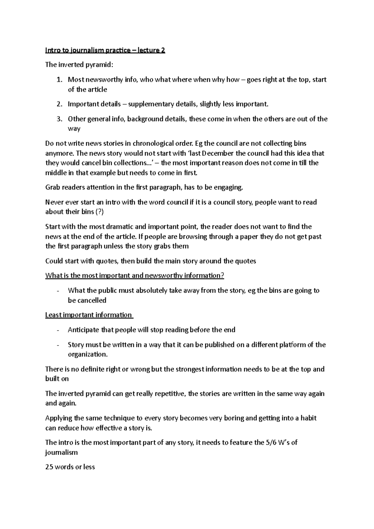 Lecture 2 - the inverted pyramid - Intro to journalism practice – lecture 2 The inverted pyramid ...