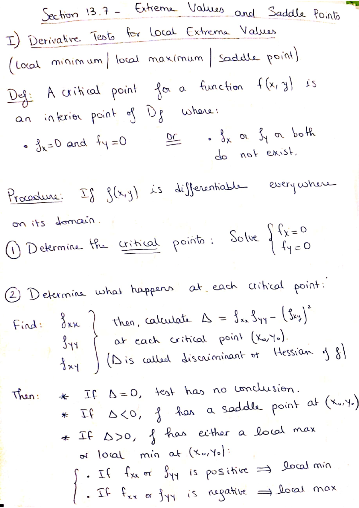 Section 13.7- Extreme Values and Saddle Points - Calculus 3 - Studocu