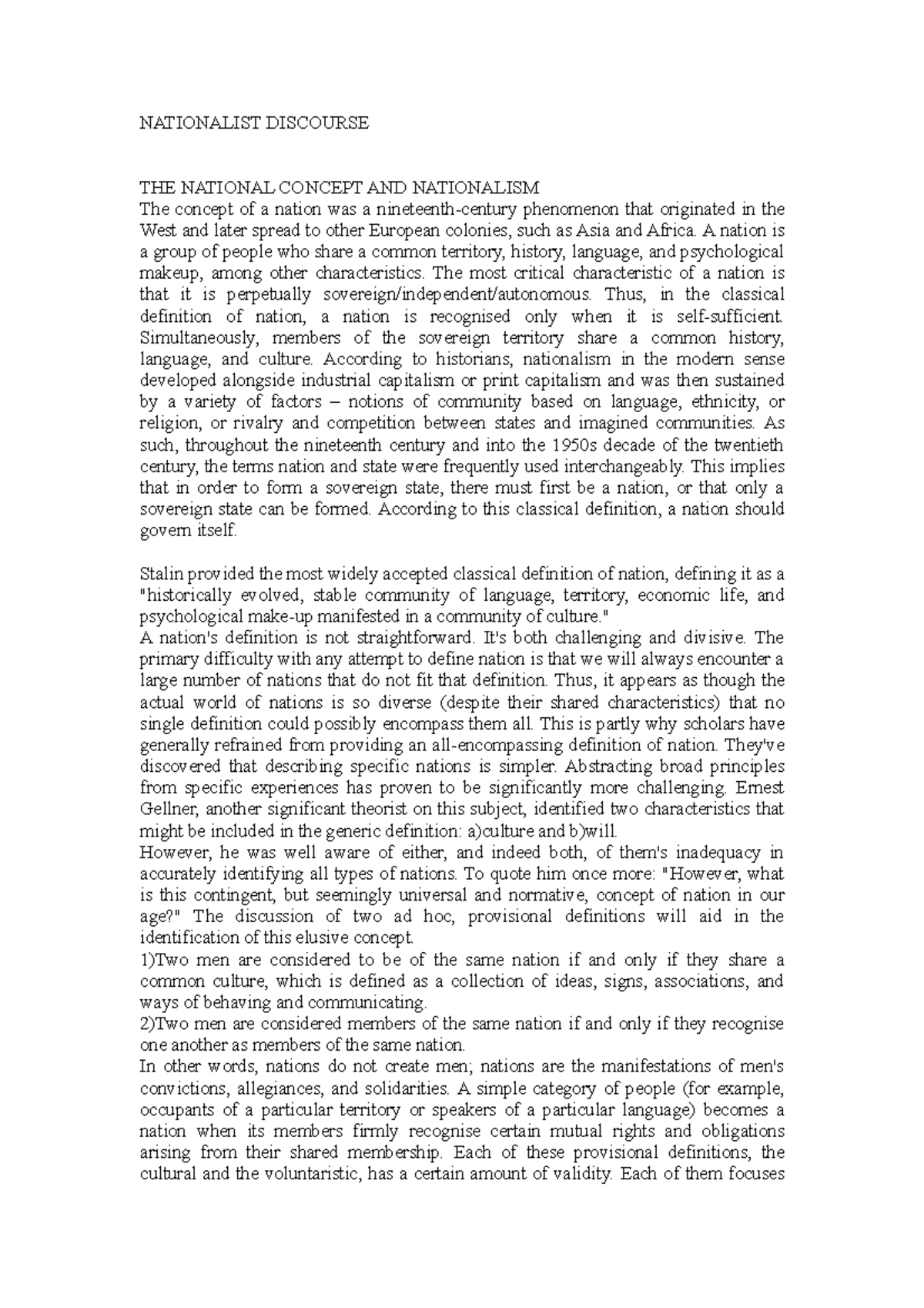 Nationalist Discourse - NATIONALIST DISCOURSE THE NATIONAL CONCEPT AND ...