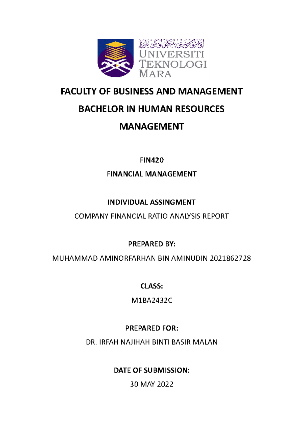 FIN420 Individual CASE Study M1 BA243 2C 2021862728 - FACULTY OF ...