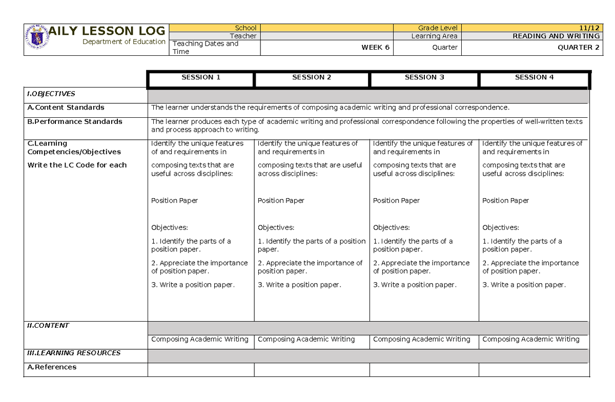 Lesson Plan Reading - DAILY LESSON LOG Department of Education School ...
