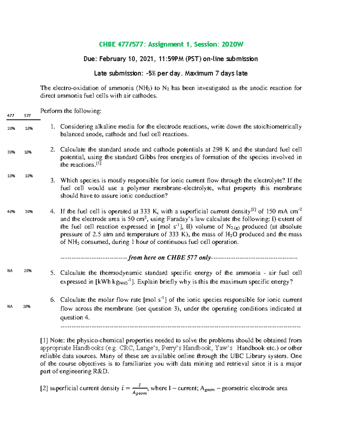 2020W First Assignment - CHBE 477/577: Assignment 1, Session: 2020W Due ...