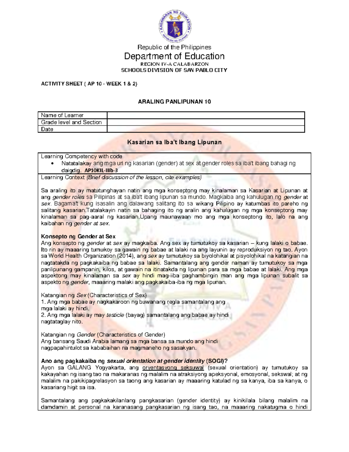 AP G10 - LAS Week 1 and 2 -SDO-SAN- Pablo-CITY week 1 and 2 ...
