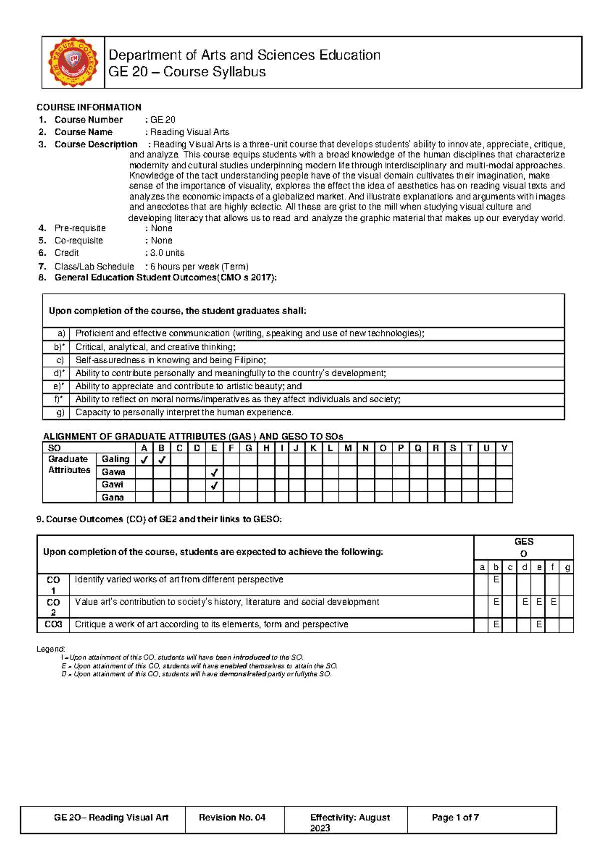 GE 20 Syllabus 0 - GE 20 – Course Syllabus GE 2O– Reading Visual Art ...