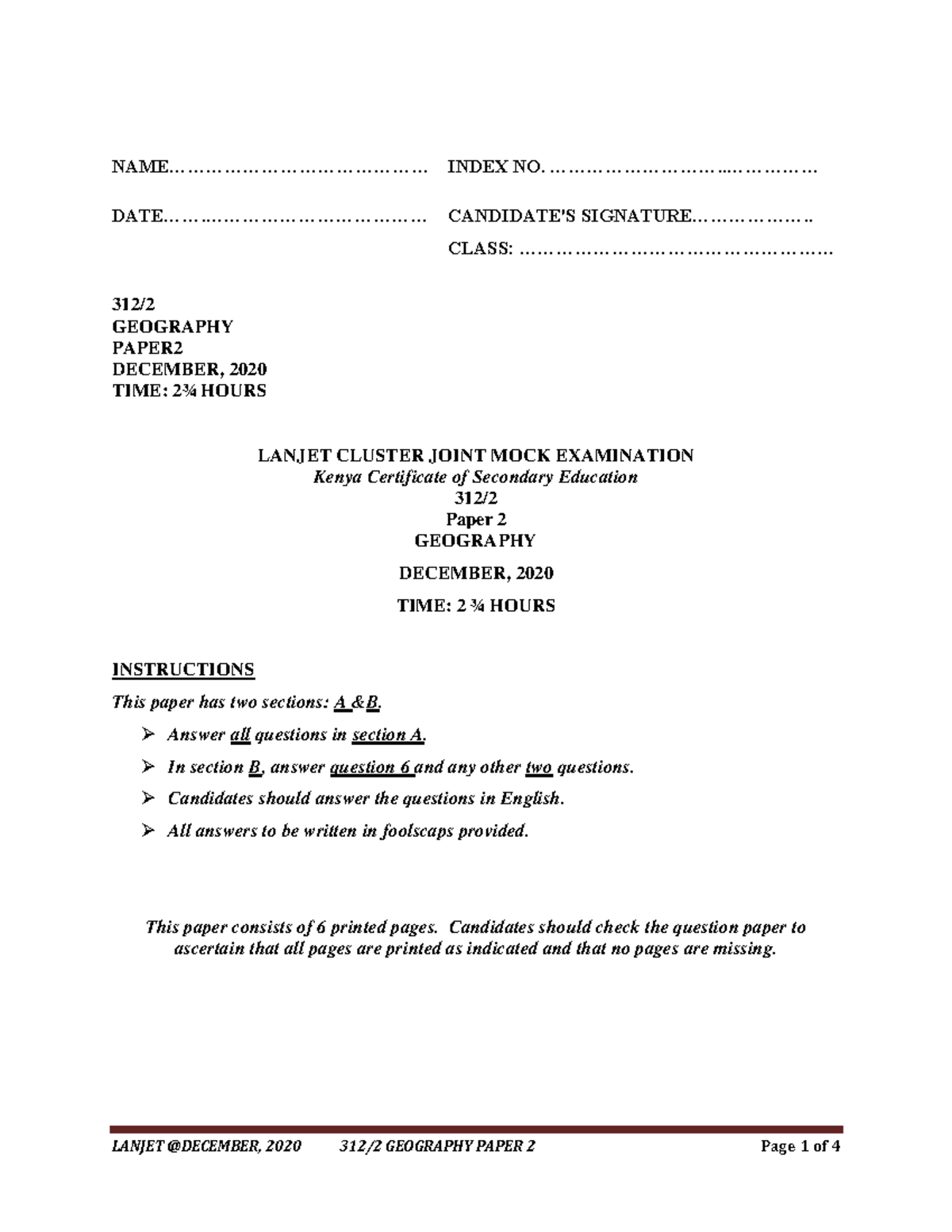 Lanjet Exam December 2020 Geography Paper 2 PDF - NAME ...