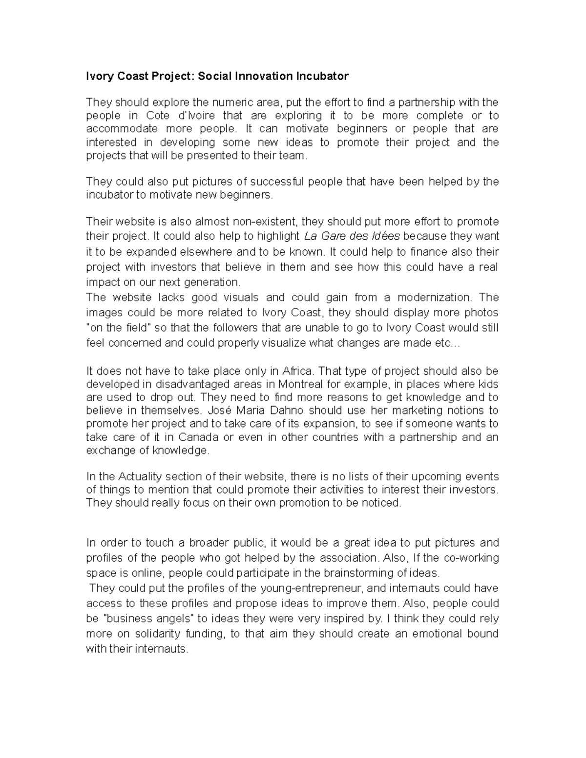 Ivory Cost Project Final - Ivory Coast Project: Social Innovation ...