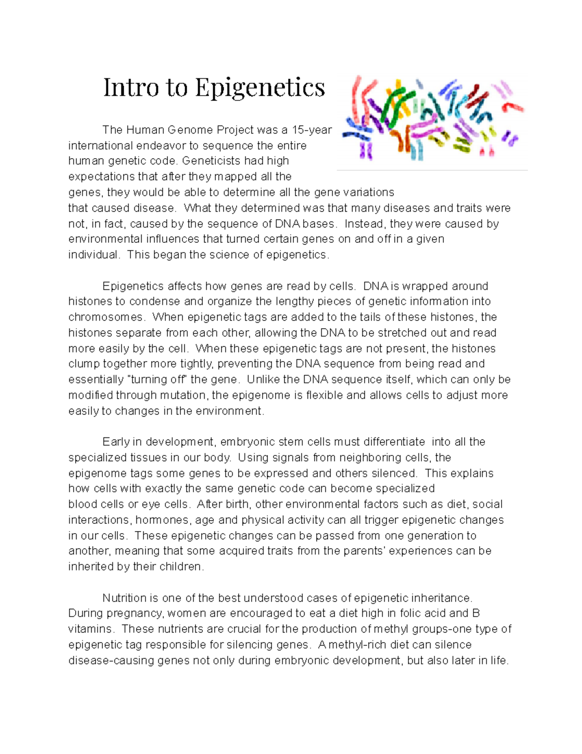 Epigenetics reading questions - Intro to Epigenetics The Human Genome ...