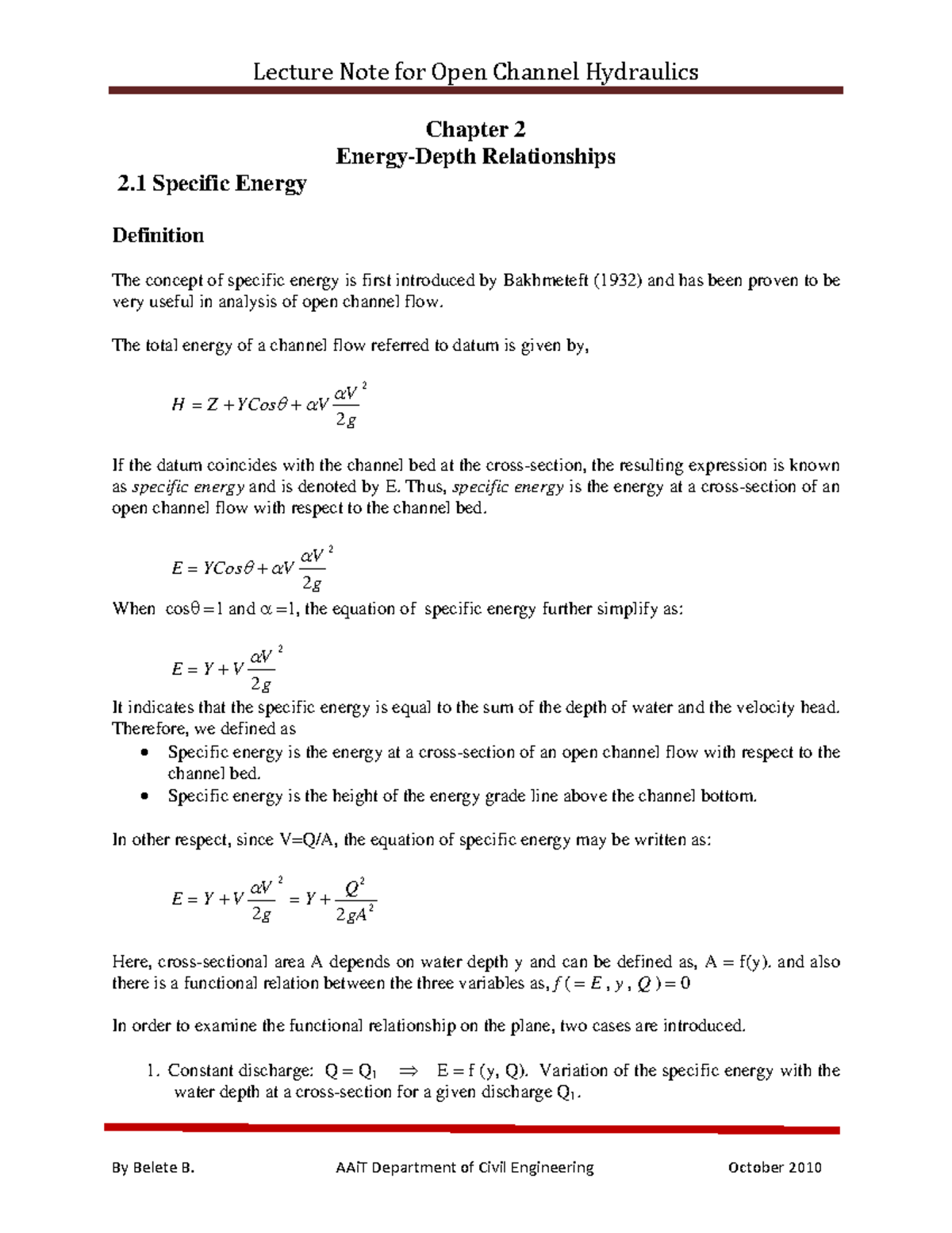 Lecture Note Ch-2 Energy-Depth Relationship - Chapter 2 Energy-Depth Relationships 2 Specific ...