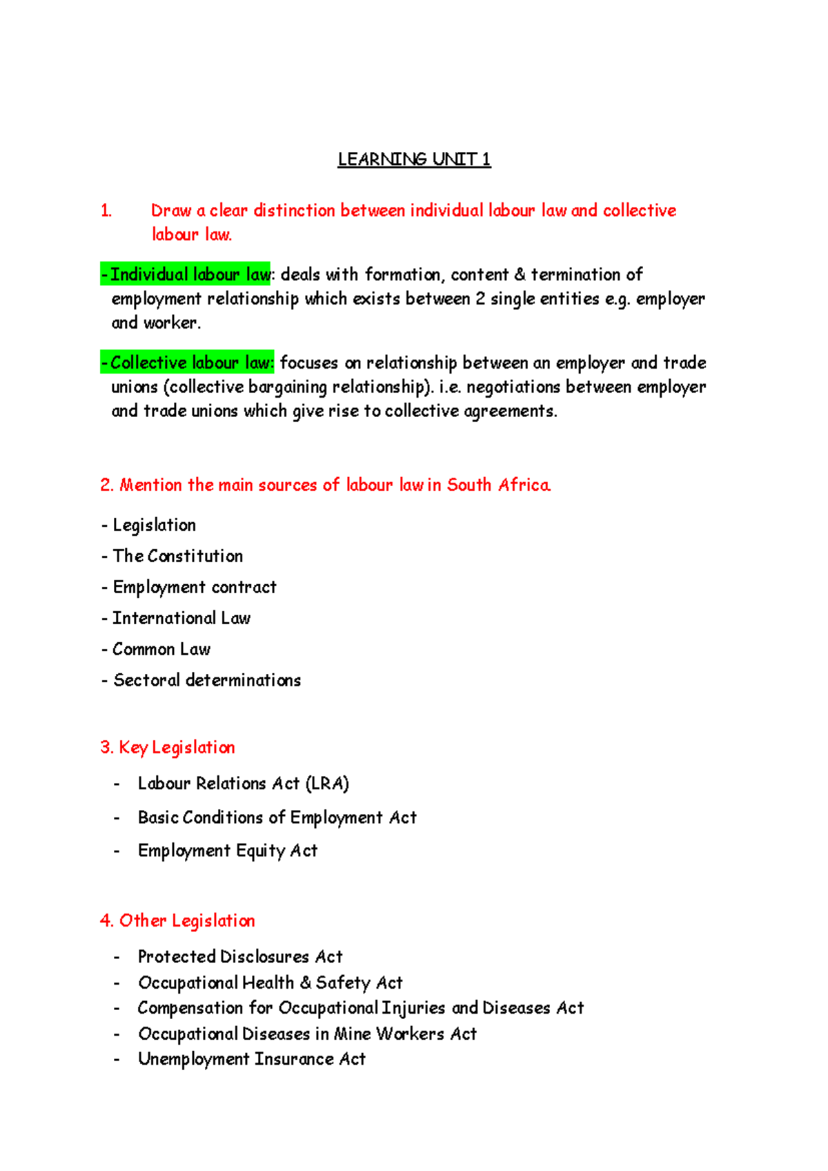 Additional LLAW notes - Summary Labour Law - LEARNING UNIT 1 1. Draw a ...