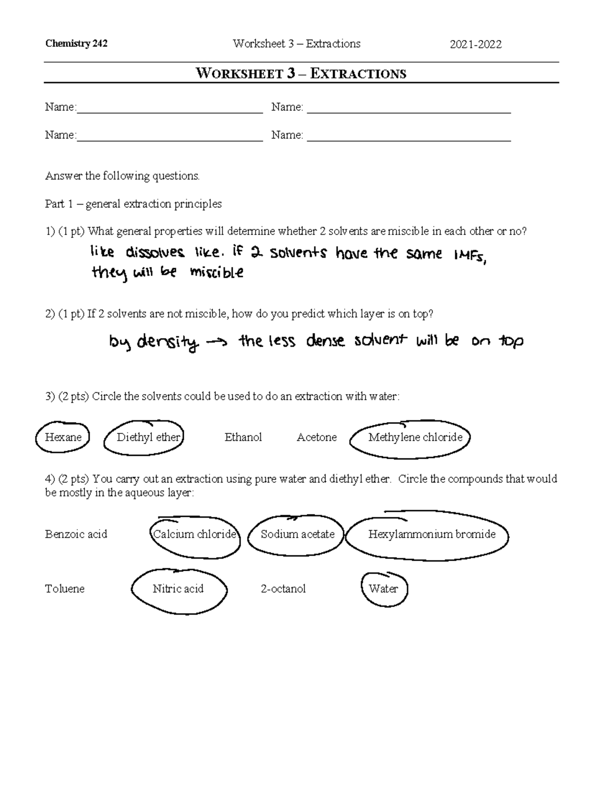 Chem 242 Extraction Wksht - WORKSHEET 3 – EXTRACTIONS Name