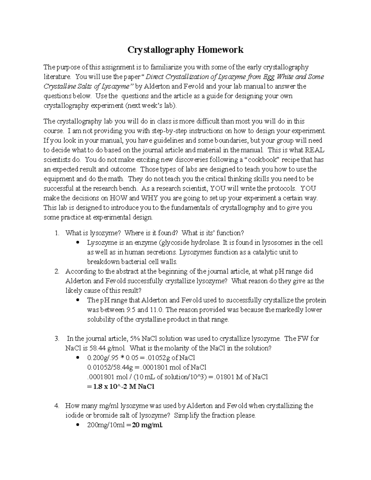 Crystallography Homework - You will use the paper “ Direct ...