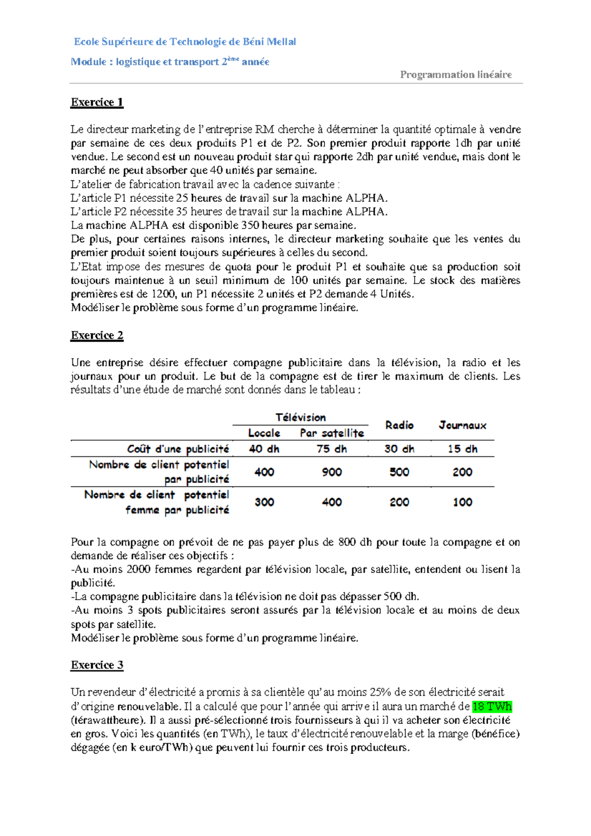 PL TD - La programmation linéaire est une méthode de résolution d'une ...
