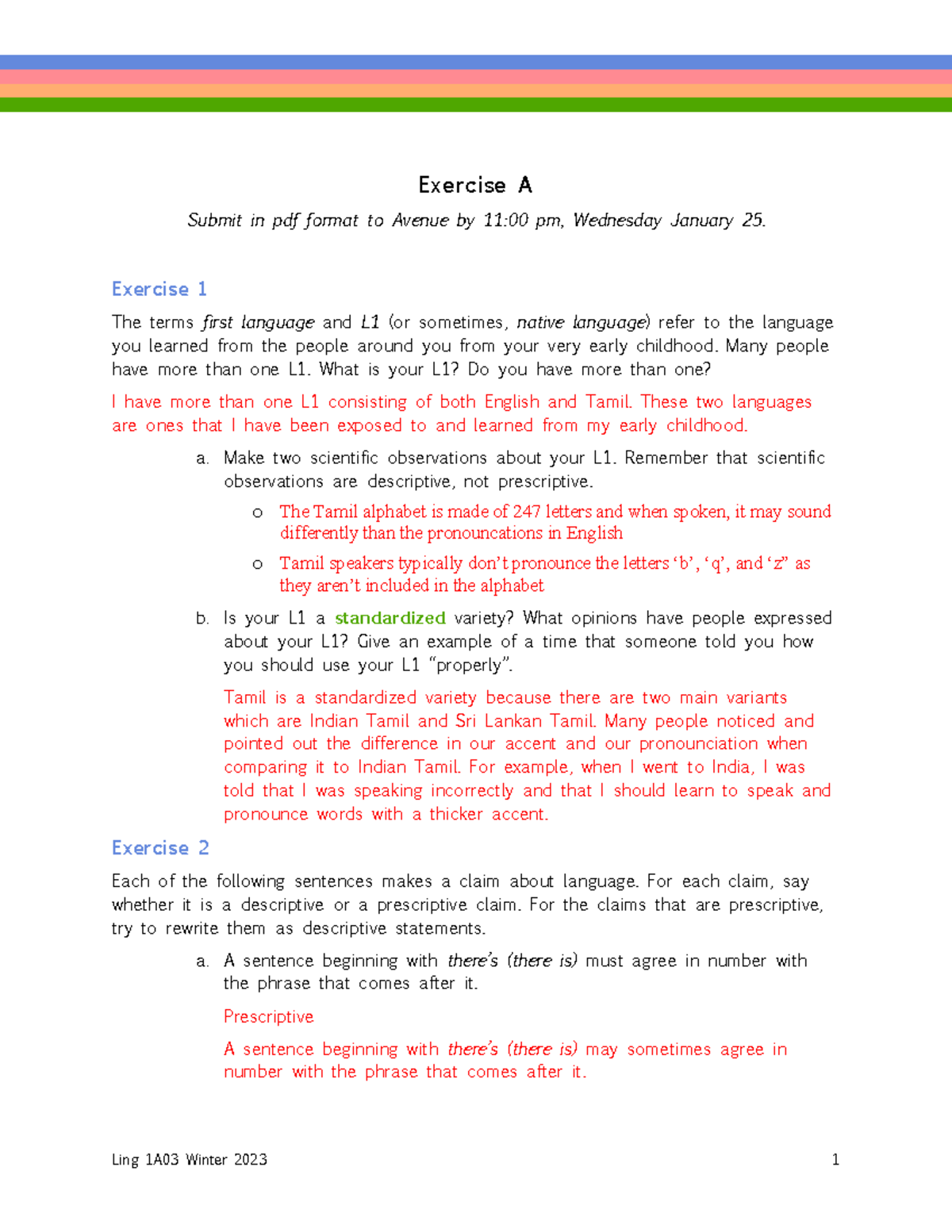 Ling Exercise A - Questions 1-4 can be used for reference and ideas but ...