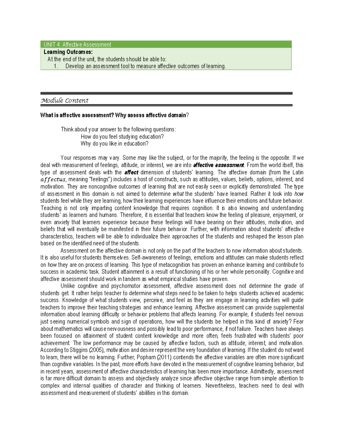 Module 4 Content - UNIT 4: Affective Assessment Learning Outcomes: At ...