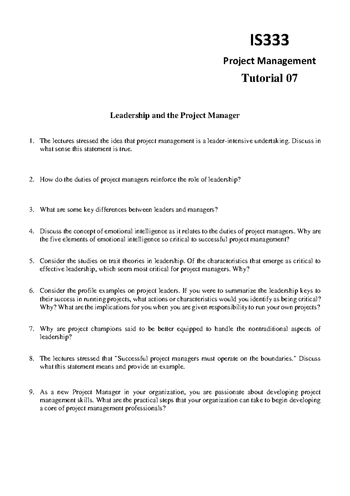 Tutorial 07 - Leadership and the Project Manager - IS Project ...