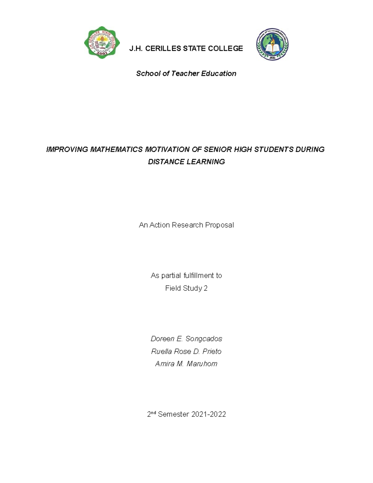 Fs 2 Action Research J Cerilles State College School Of Teacher Education Improving