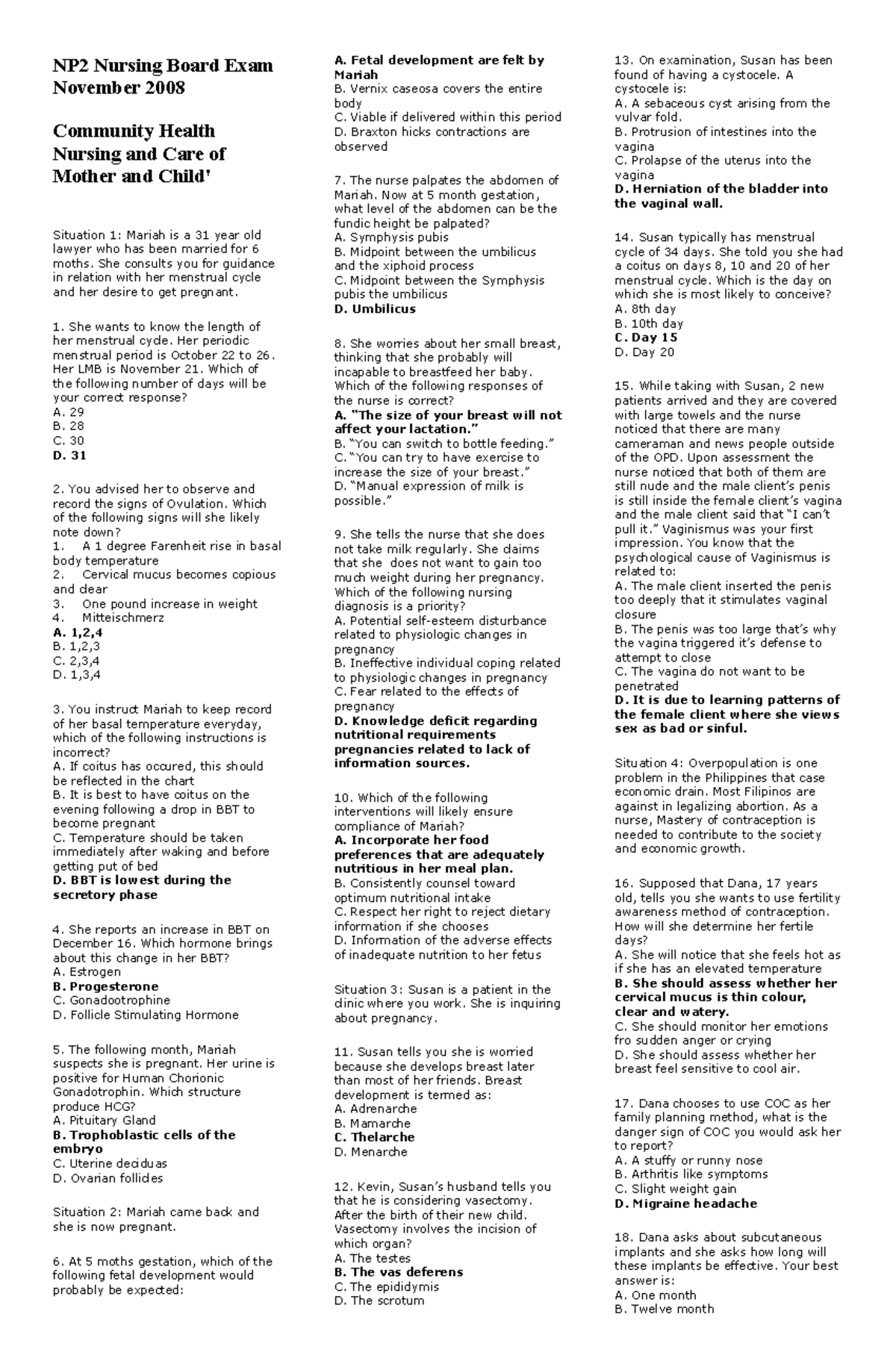 Answer key NLE 2008 - Yeye - NP2 Nursing Board Exam November 2008 ...