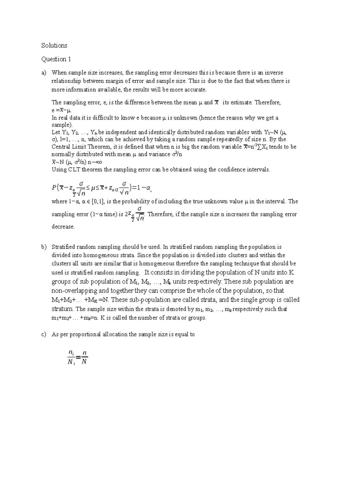 Solutions 1 - notes - Solutions Question 1 a) When sample size ...
