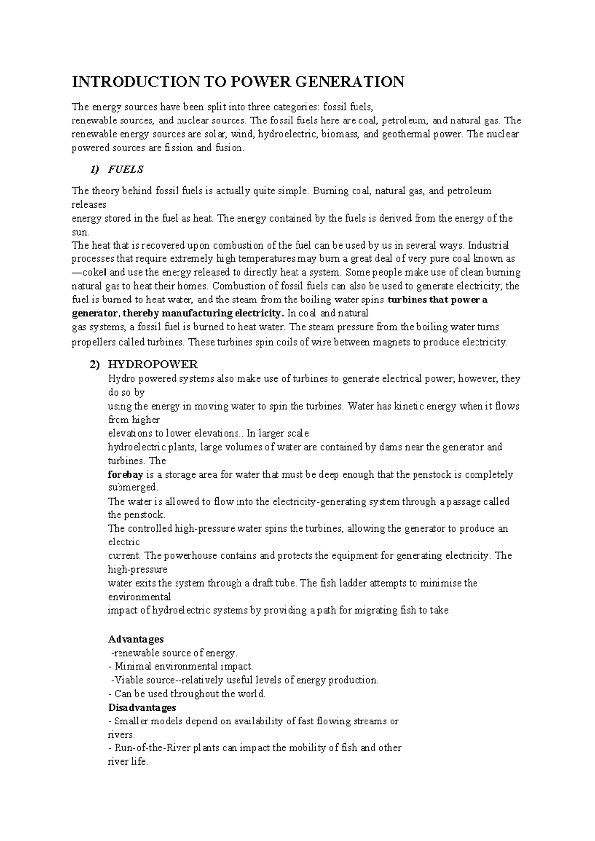 Introduction TO Power Generation - INTRODUCTION TO POWER GENERATION The ...