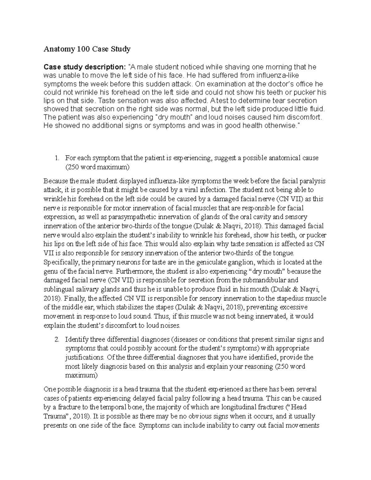 Anat 100 Case Study - Anatomy 100 Case Study Case study description ...