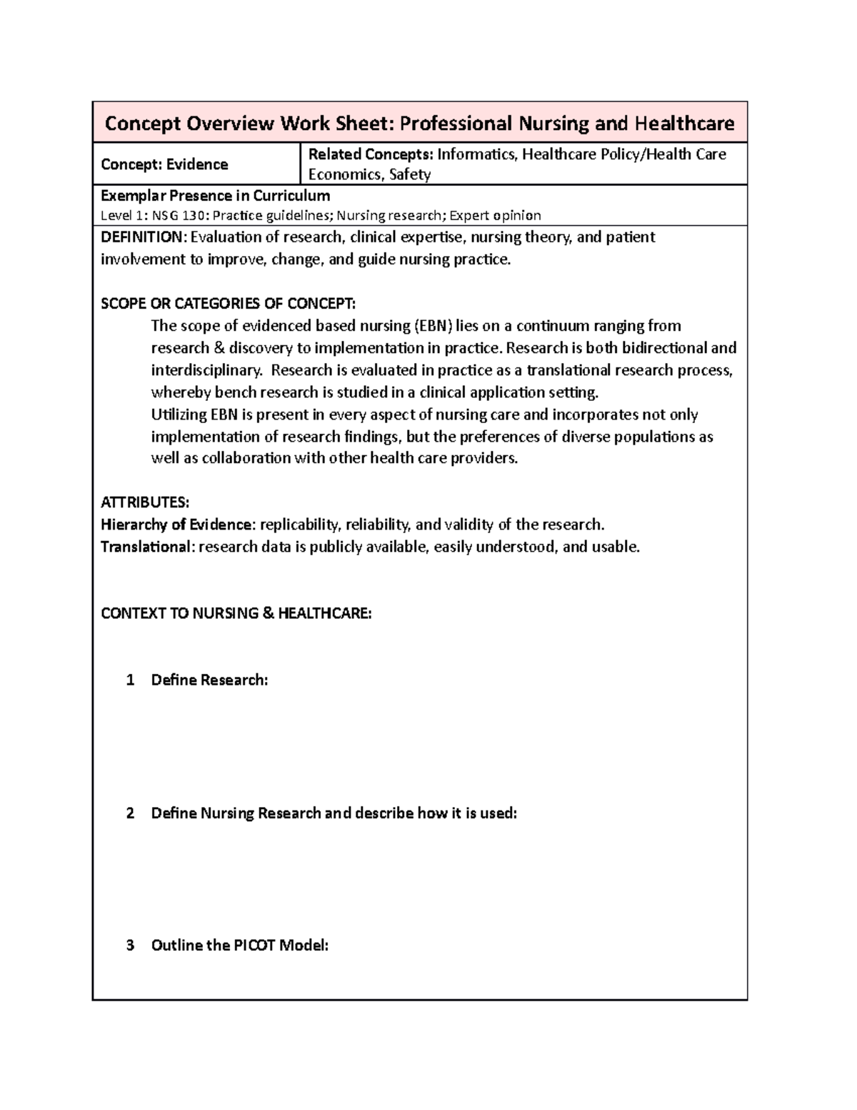 Concept Overview Worksheet - Evidence - Concept Overview Work Sheet ...