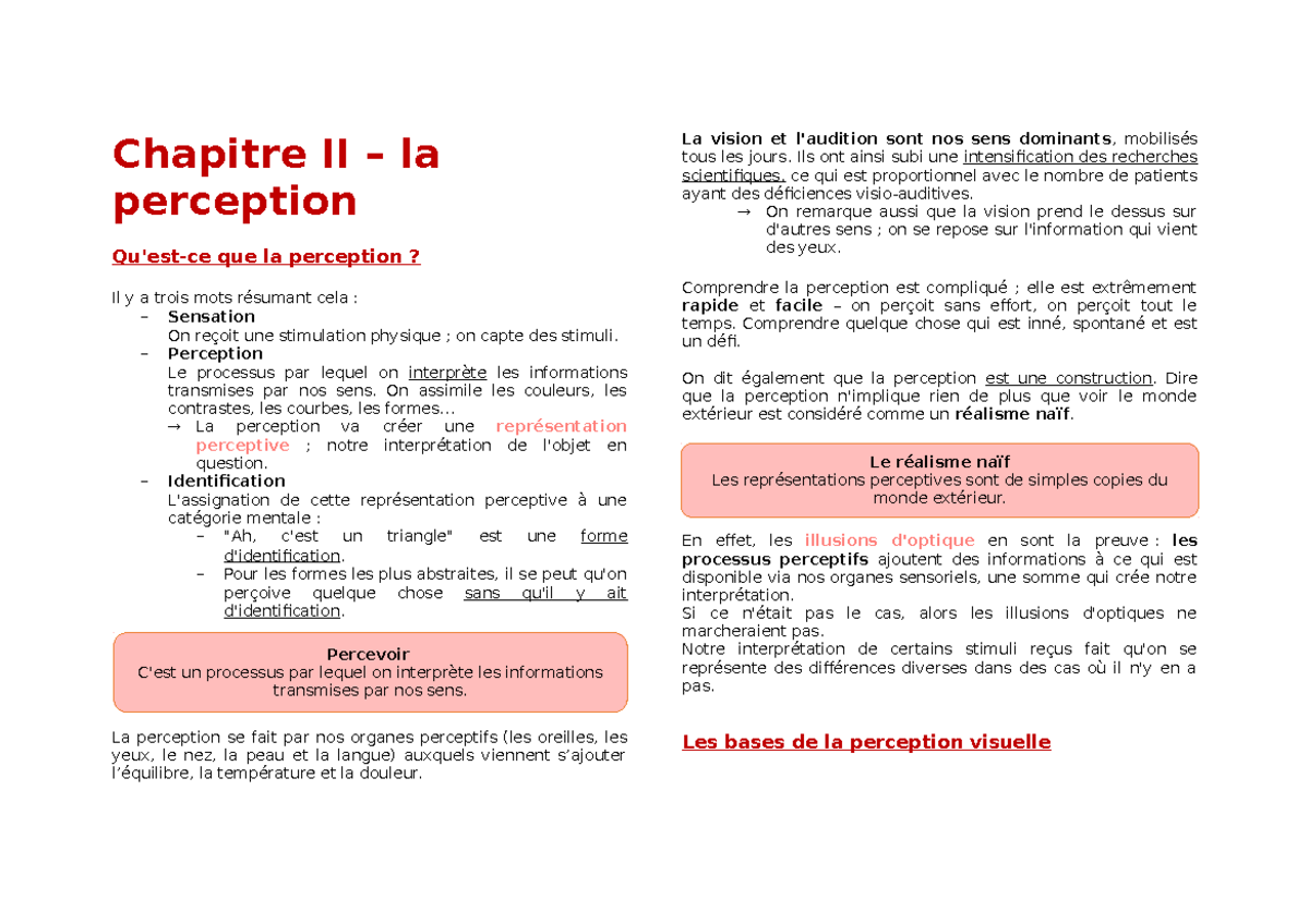 Chapitre II - Perception Le processus par lequel on interprète les ...
