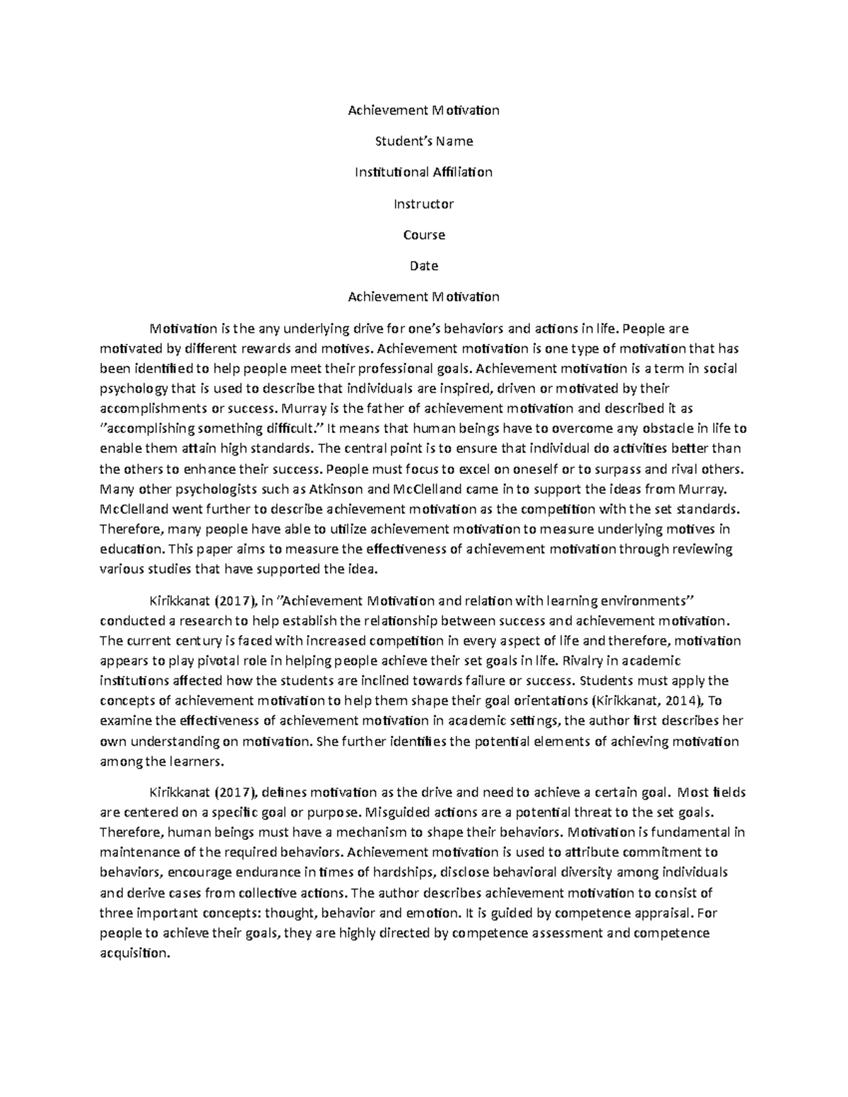 Achievement Motivation - Achievement Motivation Student’s Name ...