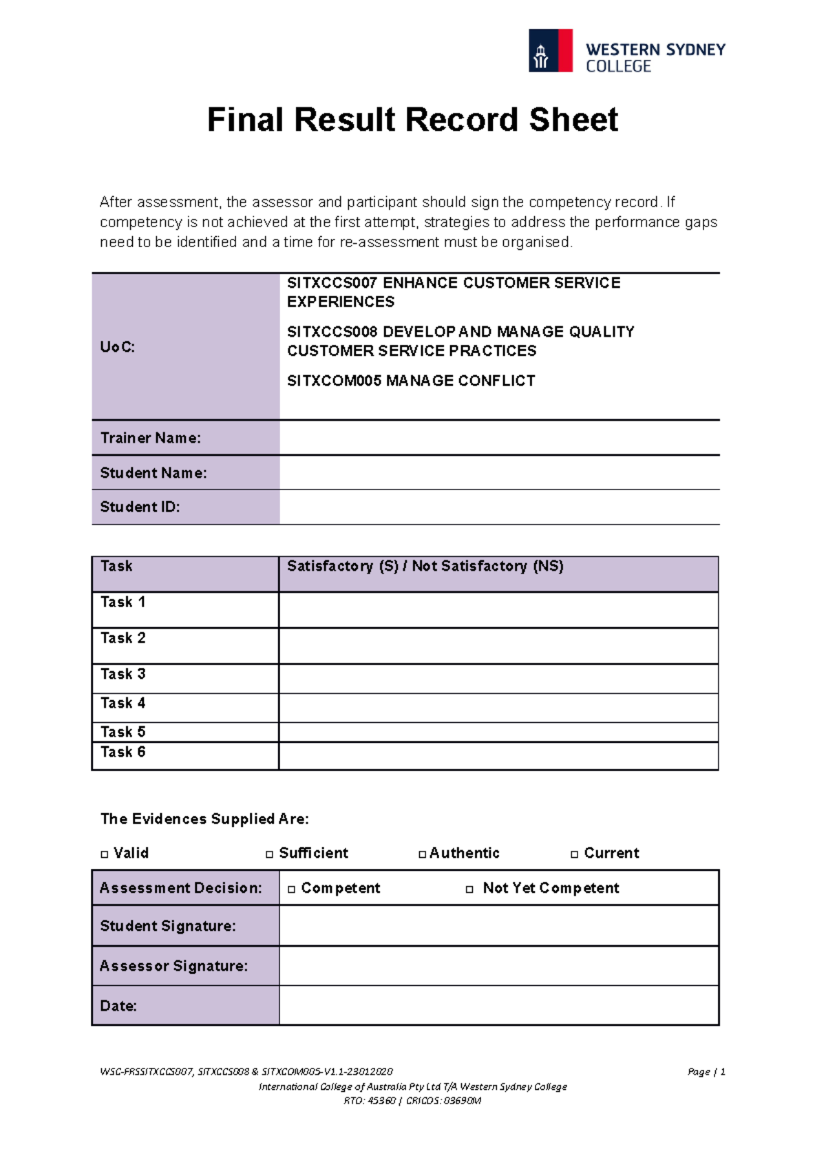 Final Result Record Sheet - Final Result Record Sheet After assessment ...
