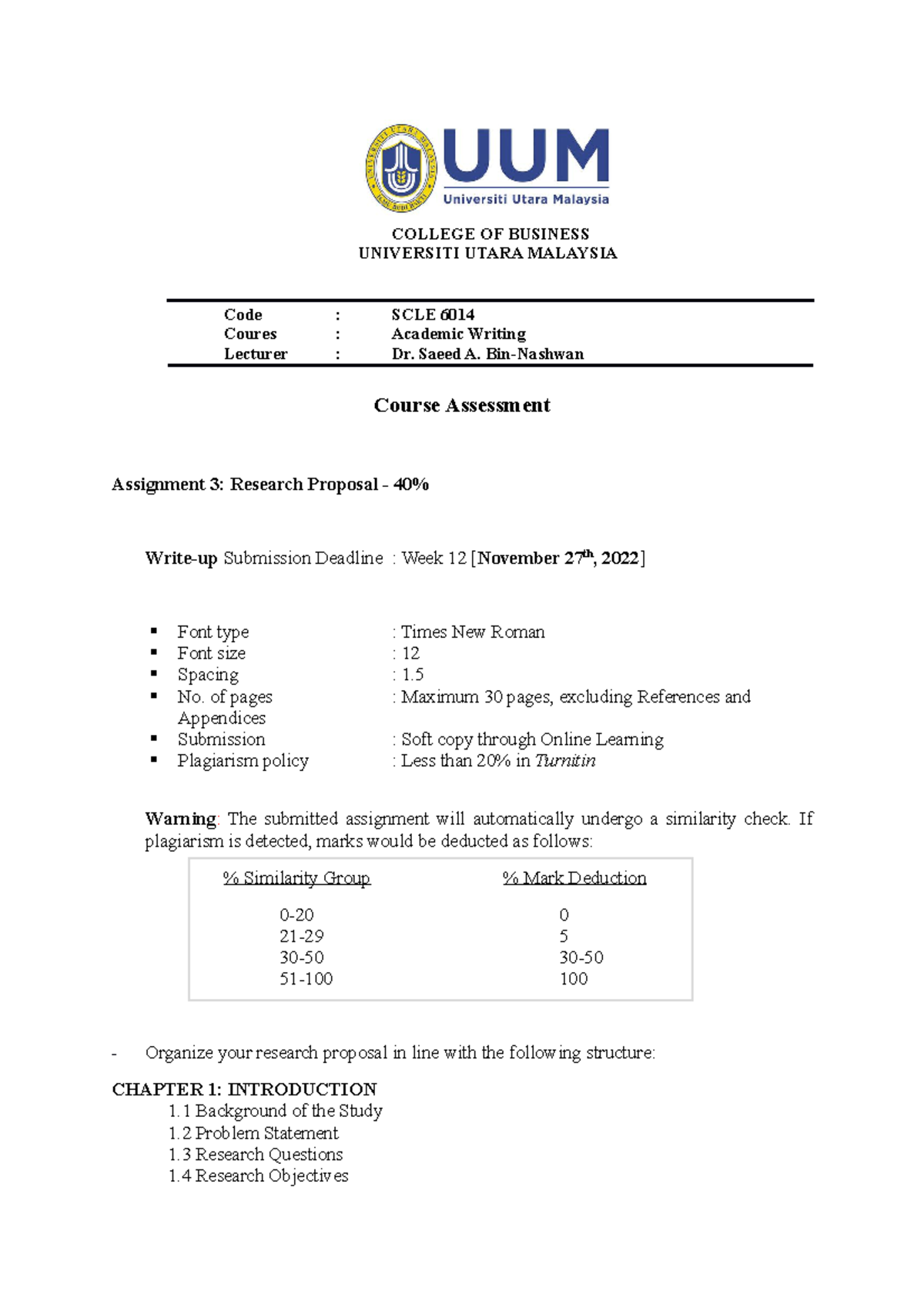 Assignment 3 Research Proposal - COLLEGE OF BUSINESS UNIVERSITI UTARA ...