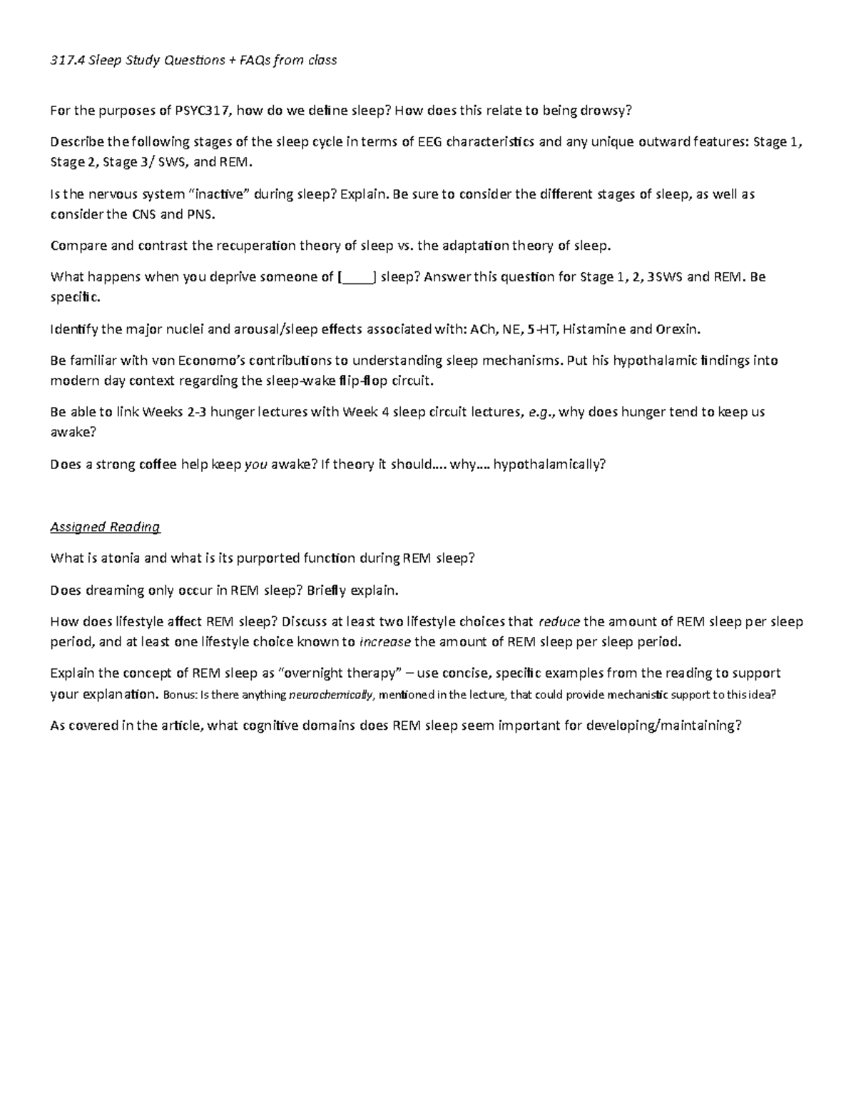 317.4 SQs Sleep - 317 Sleep Study Questions + FAQs from class For the ...