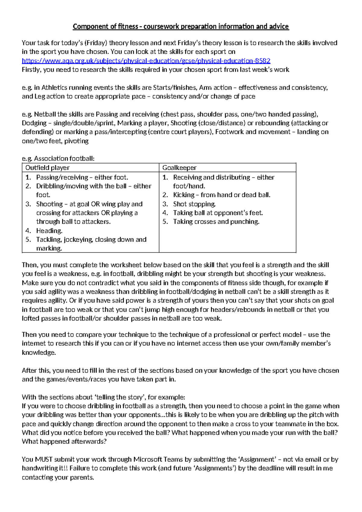 Coursework prep - skill - Component of fitness - coursework preparation ...