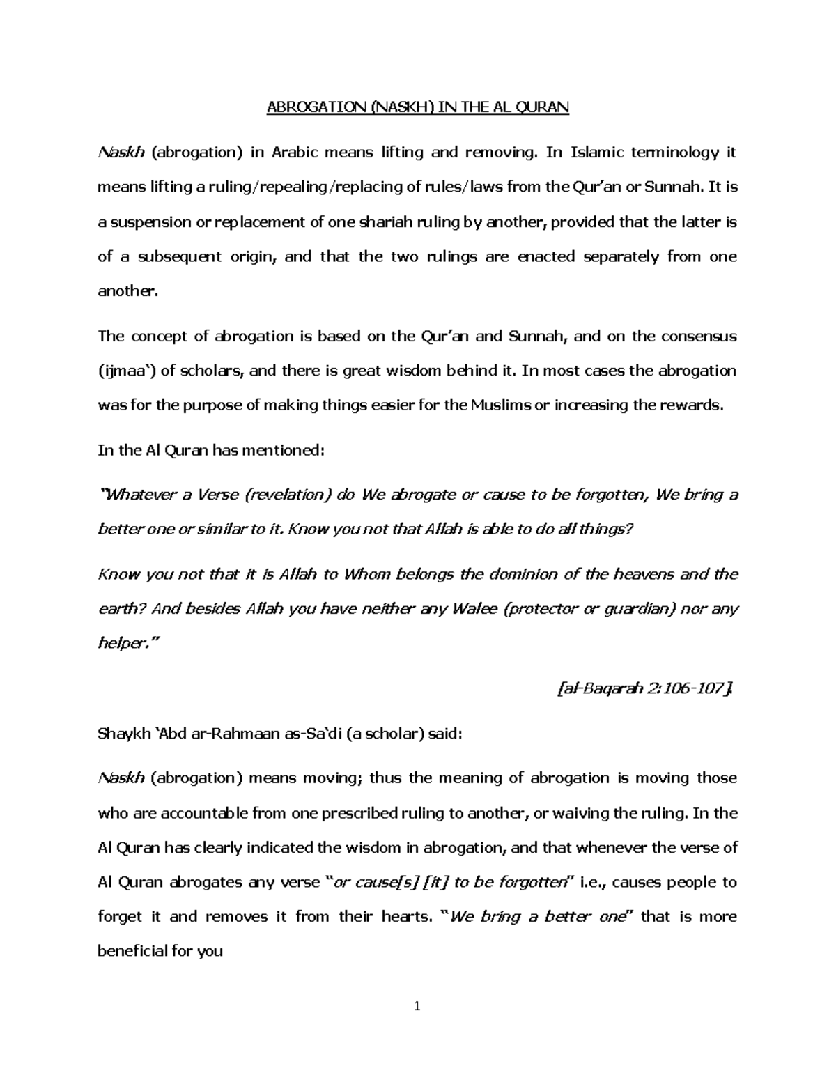 Abrogation - Summary Malaysian Islamic Legal System - 1 ABROGATION (NASKH) IN THE AL QURAN Naskh ...