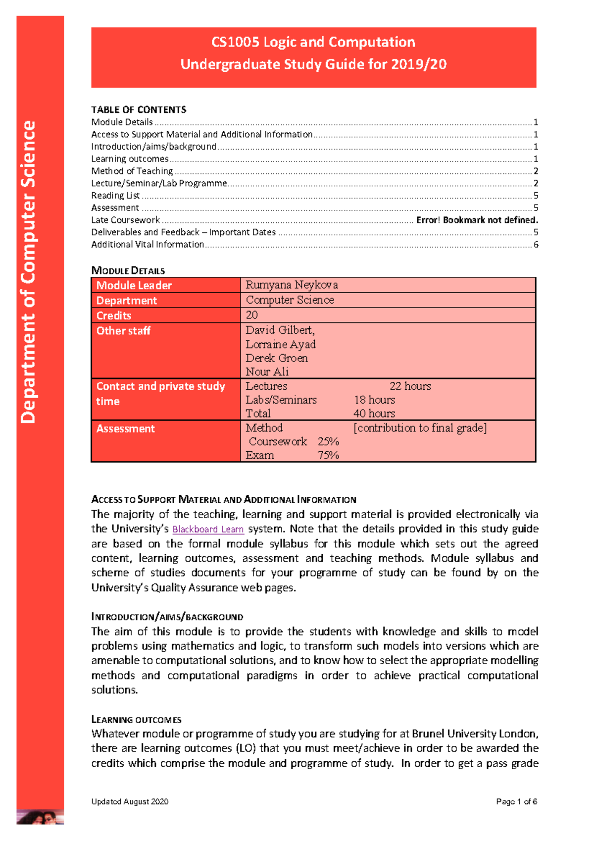 CS1005- UG Study Guide 2020-21-updated - Department of Computer Science TABLE OF CONTENTS Module ...