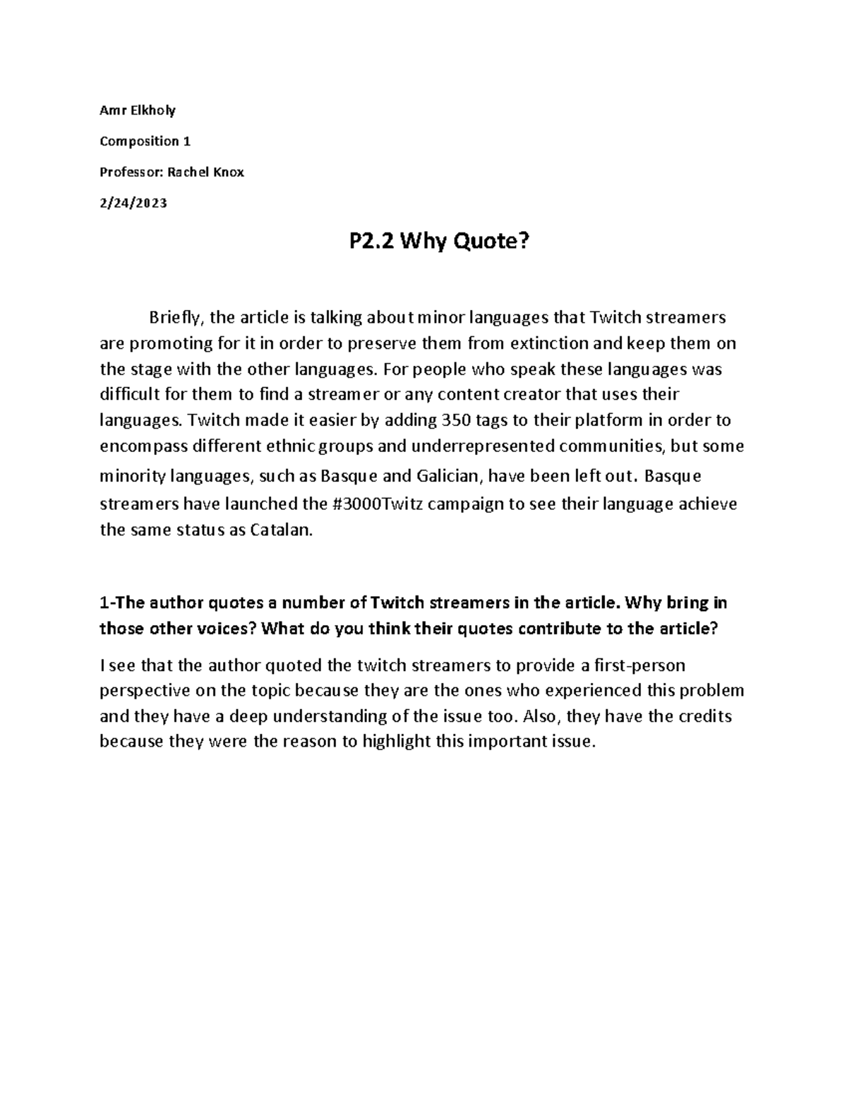 Project 2 community - Amr Elkholy Composition 1 Professor: Rachel Knox ...
