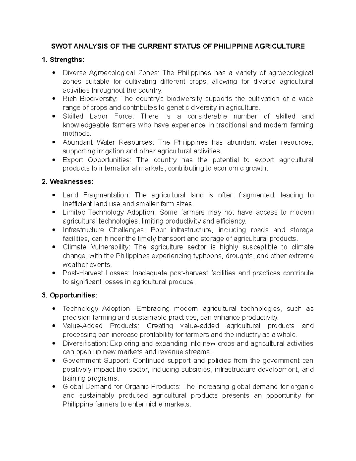 SWOT Analysis OF THE Current Status OF Philippine Agriculture - SWOT ...